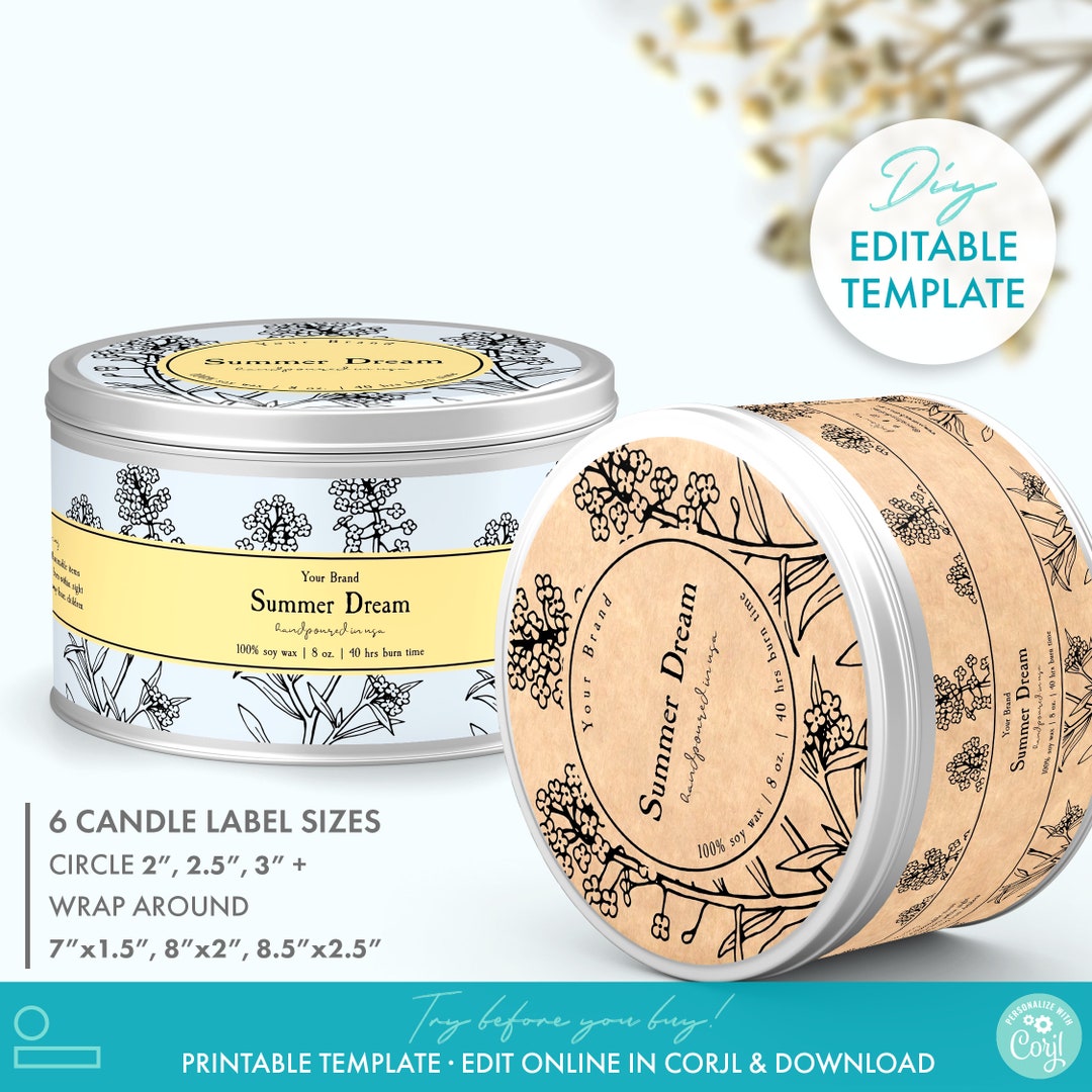 Printable Botanical Wrap Around Candle Jar Label Template (3 Sizes ...