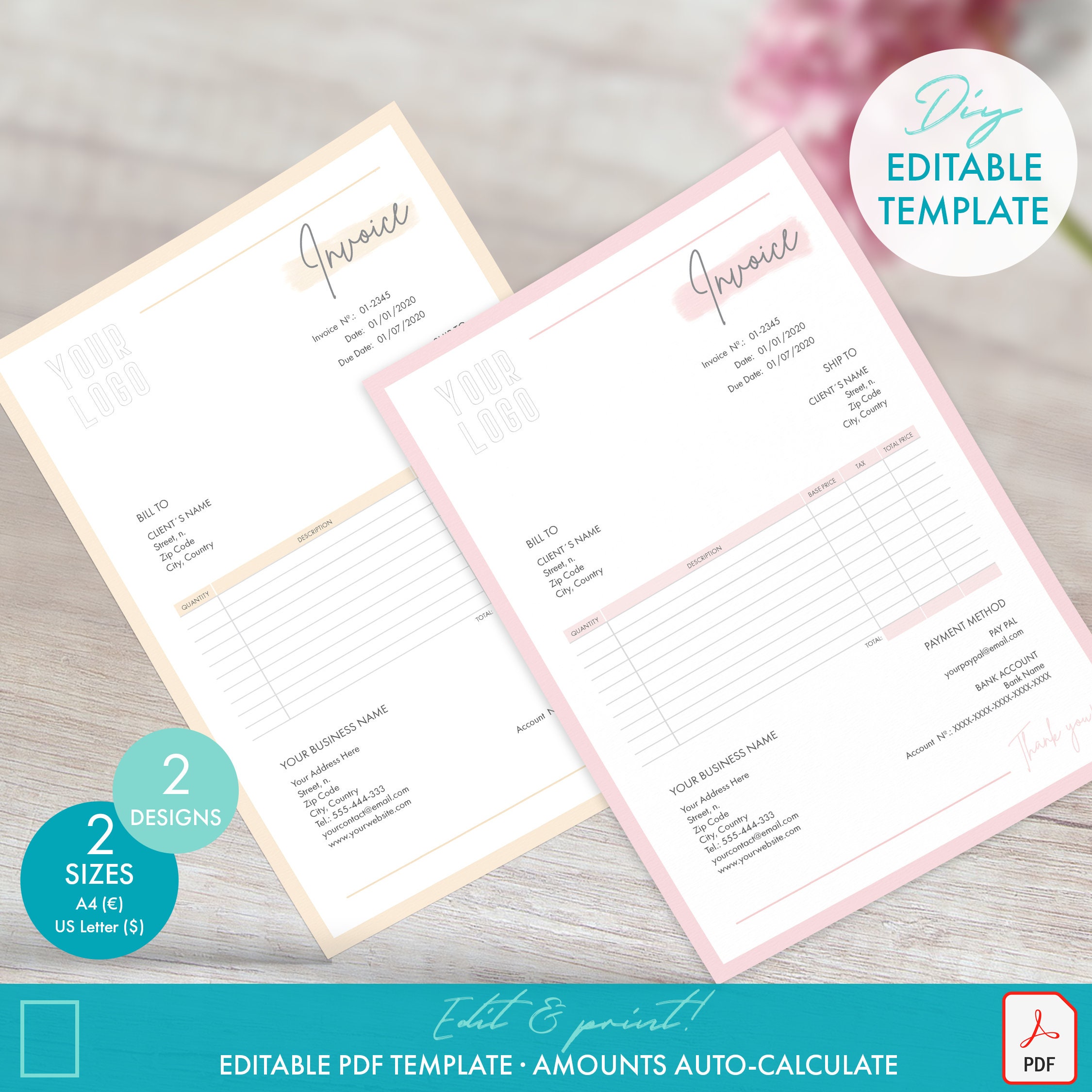 Printable Elegant Invoice Template PDF Download 2 Colors - Etsy