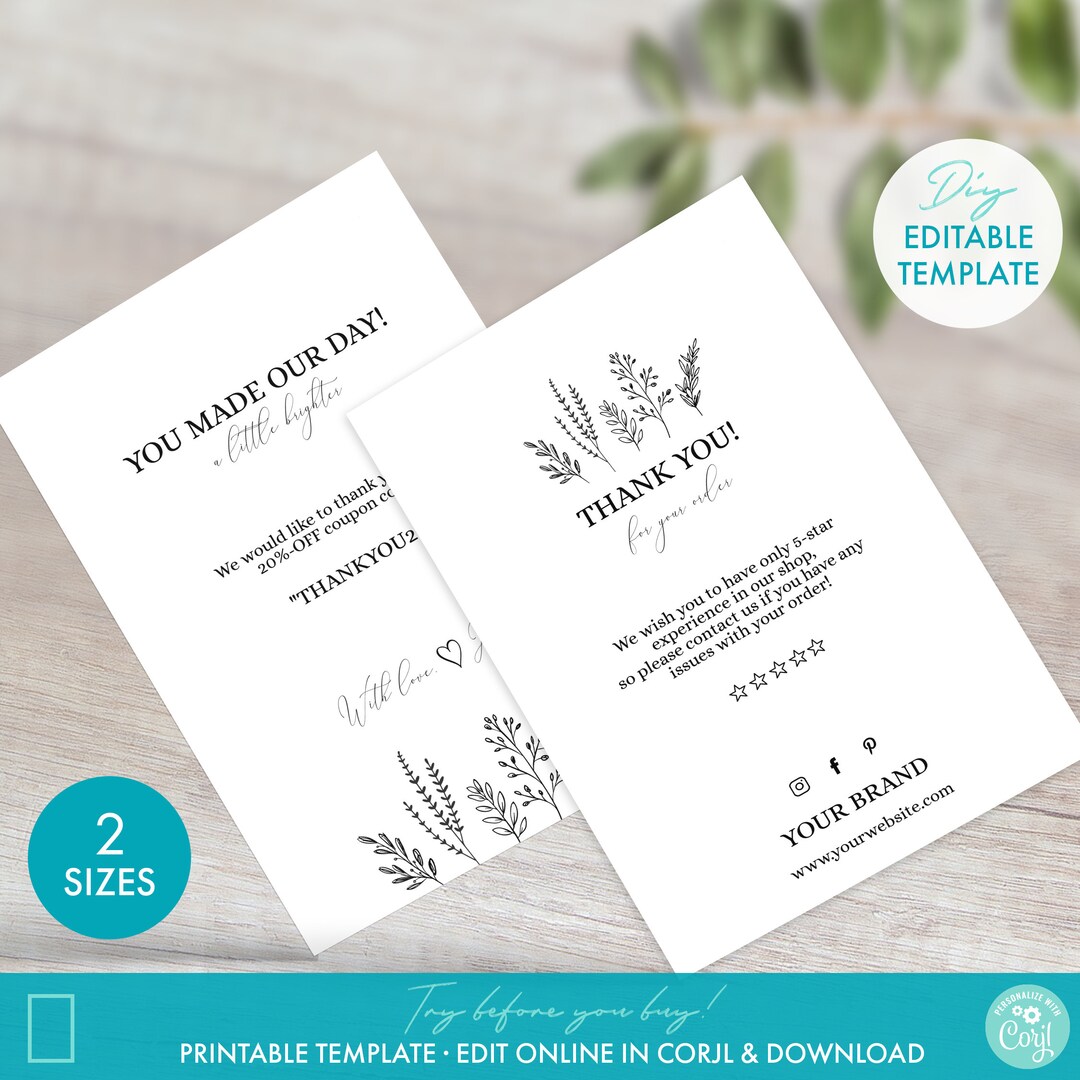 DIY Printable Order Insert Business Thank You Card Template - Floral ...