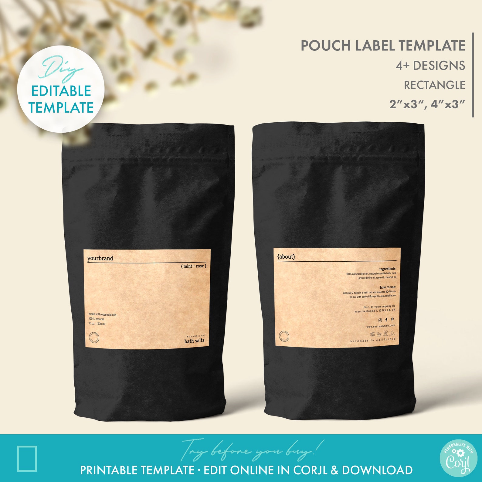 DIY Minimalist Bath Salts Pouch Label Template 2 Sizes | Etsy