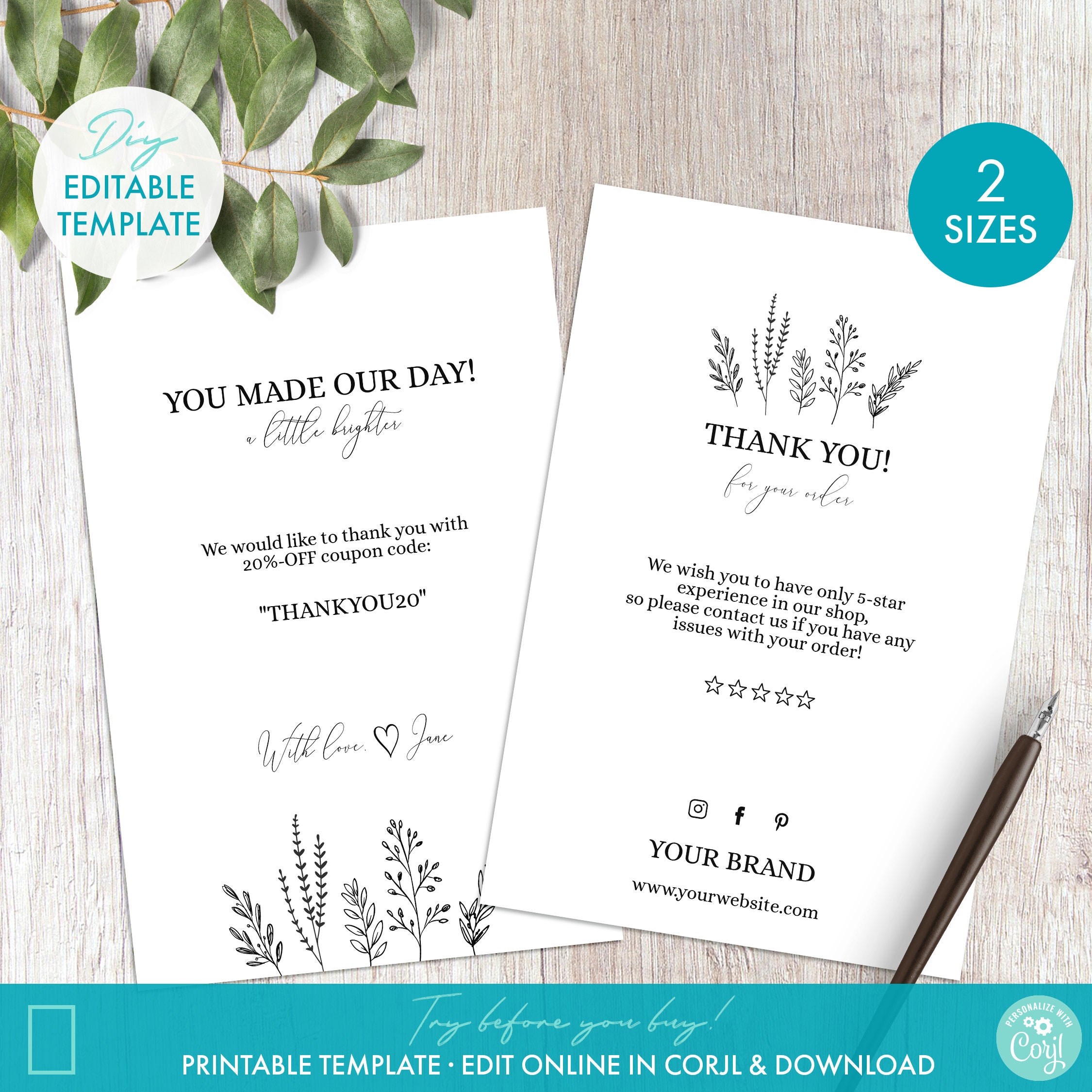 DIY Printable Order Insert Business Thank You Card Template | Etsy