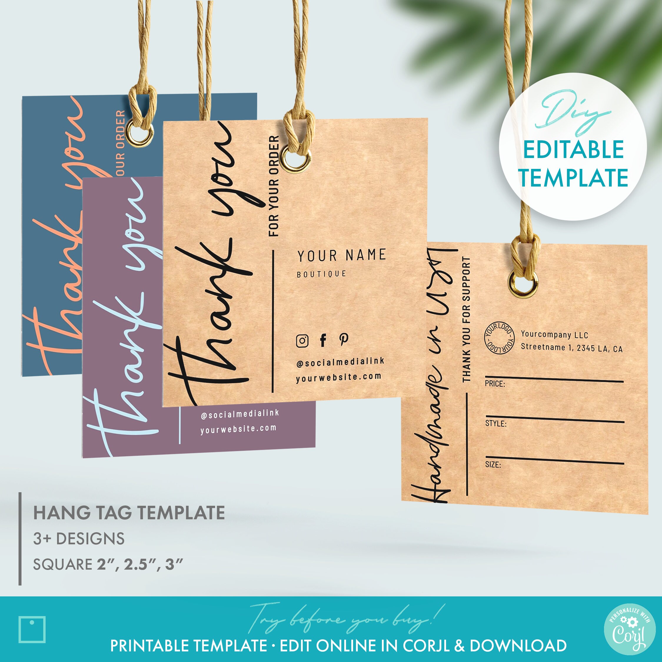 Editable Square Thank You Hang Tag Template 3 Sizes - Etsy Canada
