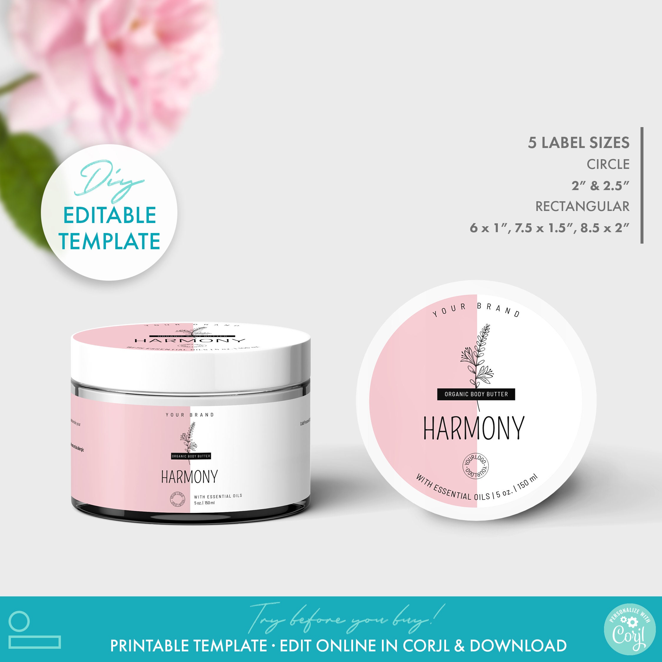 Editable Floral Cosmetic Jar Label Template 5 Sizes DIY - Etsy