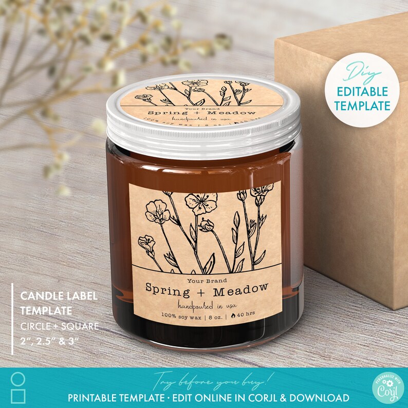 Editable Botanical Candle Label Template 3 Sizes - Etsy