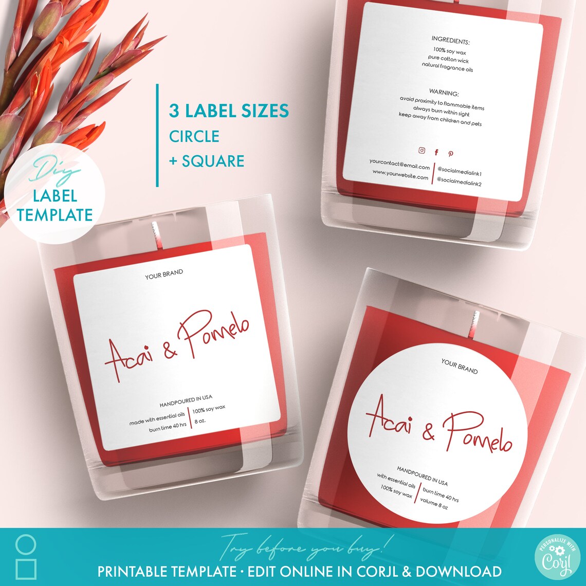 Custom Candle Label Template Editable Online 3 Sizes DIY | Etsy