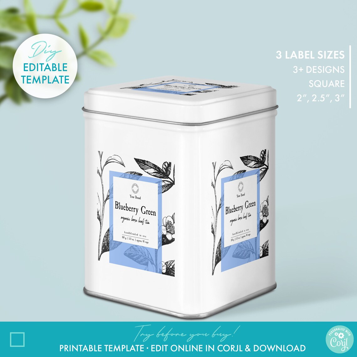 Editable Tea Packaging Label Template 3 Sizes DIY | Etsy