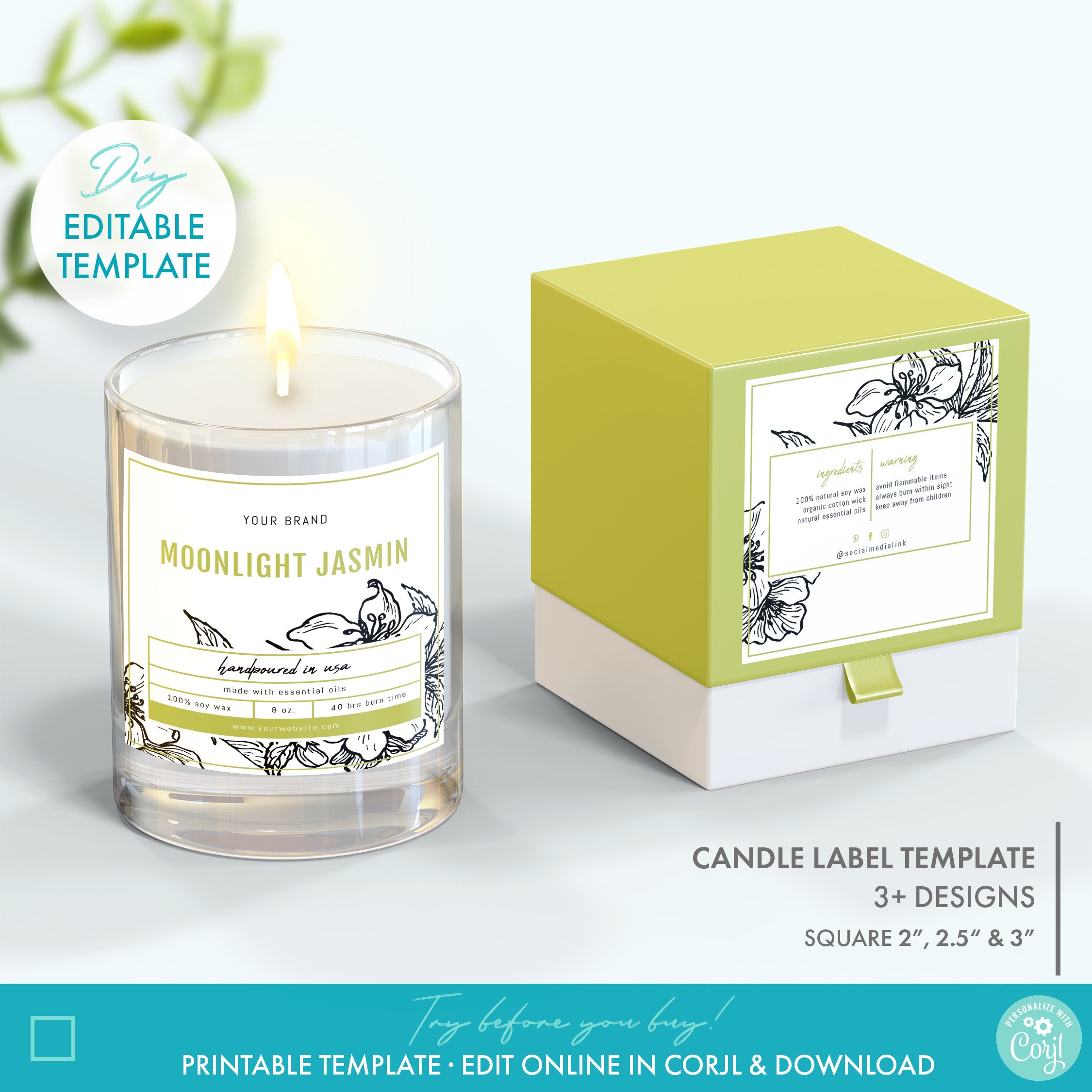 Printable Botanical Square Candle Label Template 3 Sizes - Etsy
