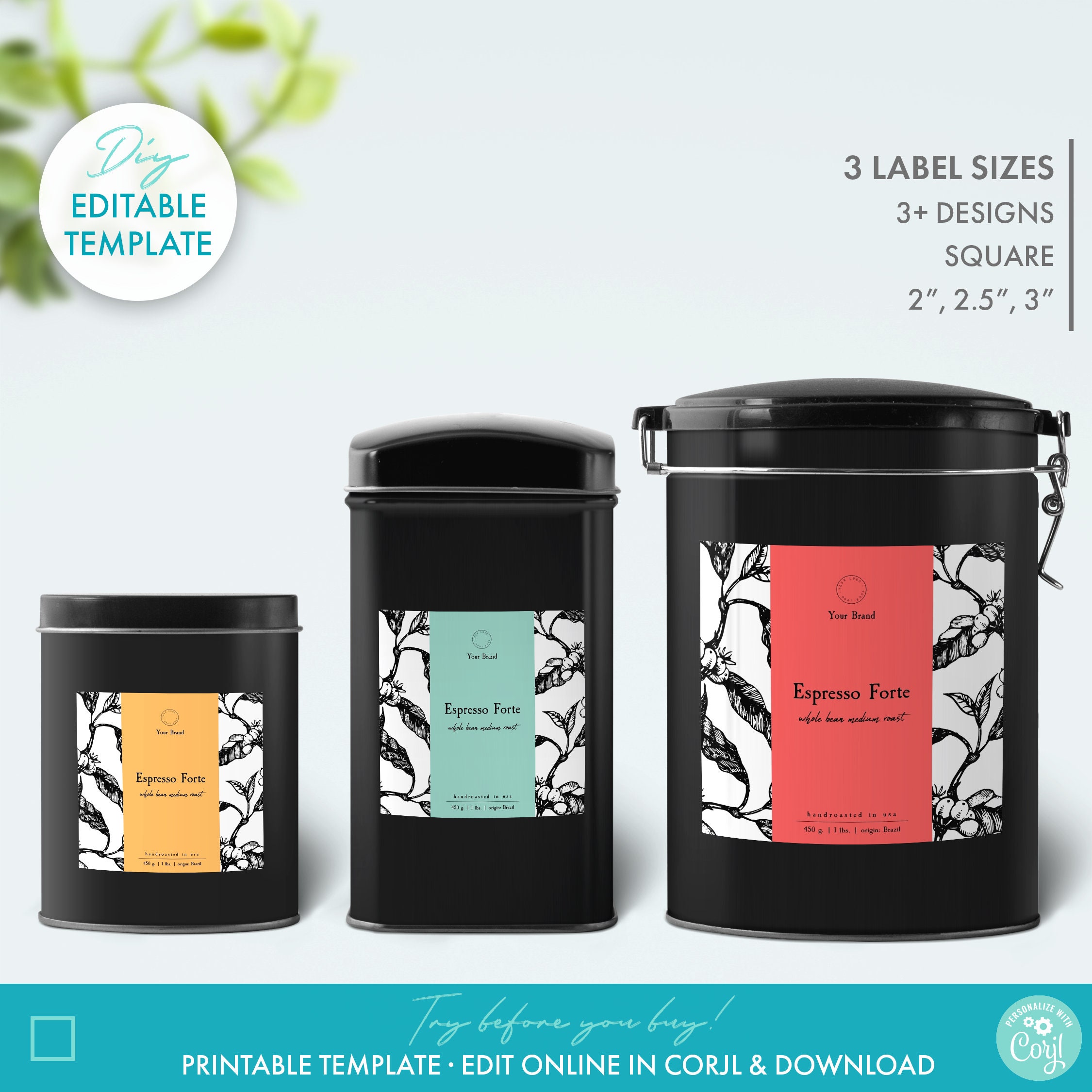 Editable Coffee Packaging Label Template 3 Sizes Botanical | Etsy