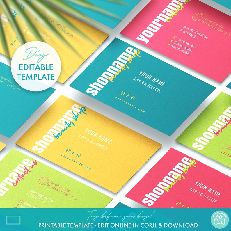 Neon Printable Business Card Template DIY Colorful Modern - Etsy