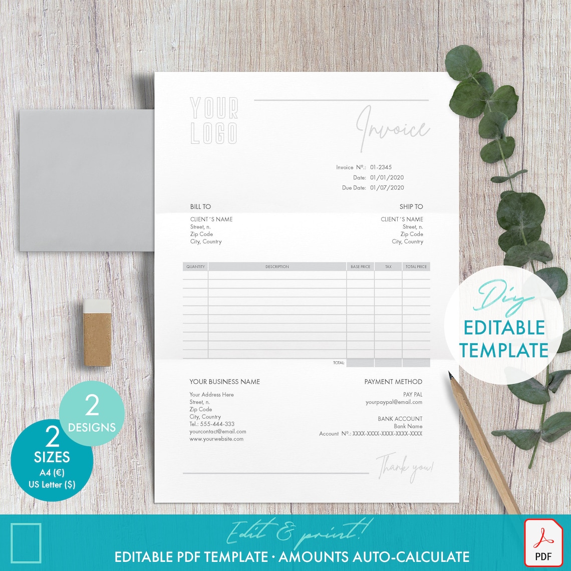Printable Elegant Invoice Template PDF Download 2 Colors | Etsy