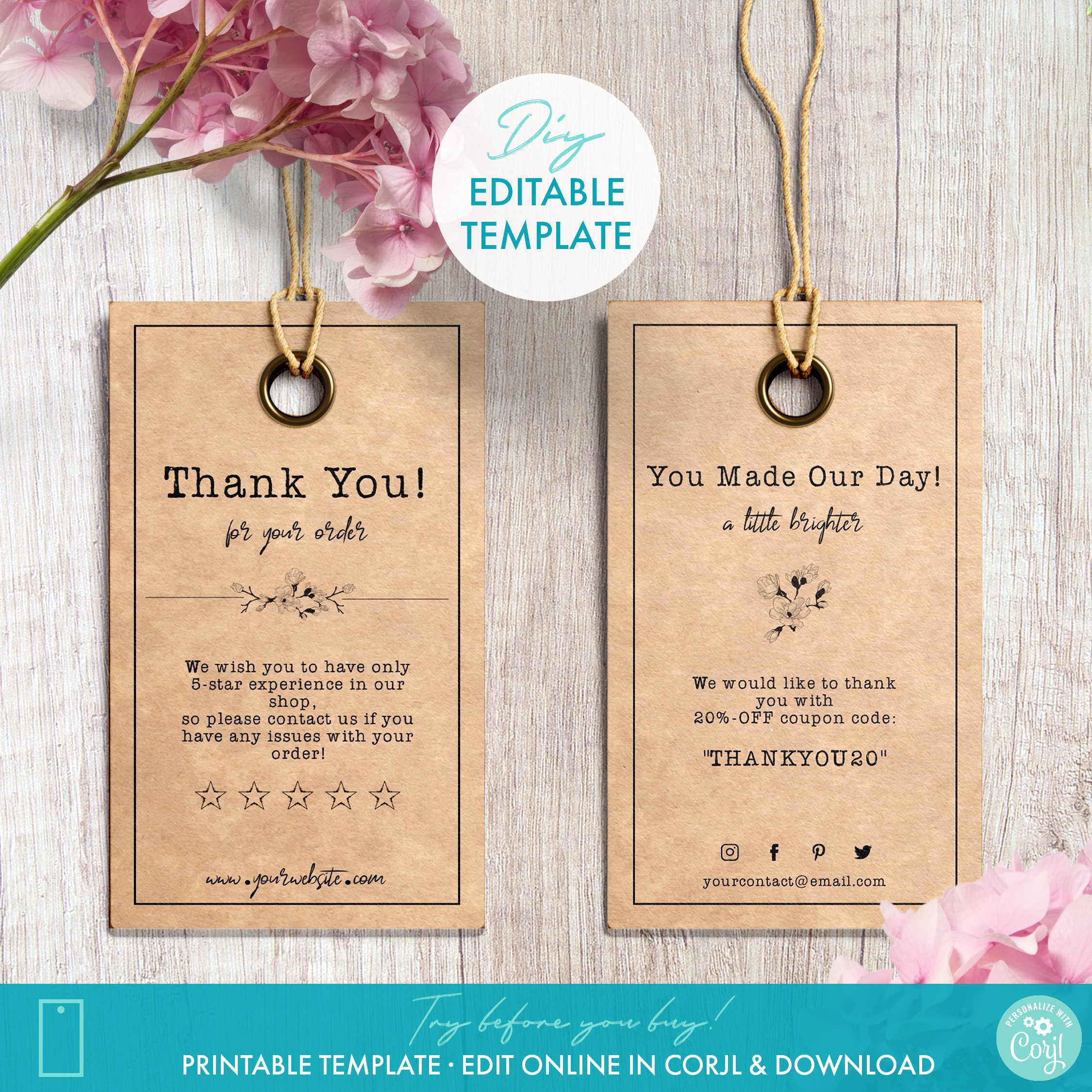 DIY Business Thank You Printable Hang Tag Template 2 X - Etsy