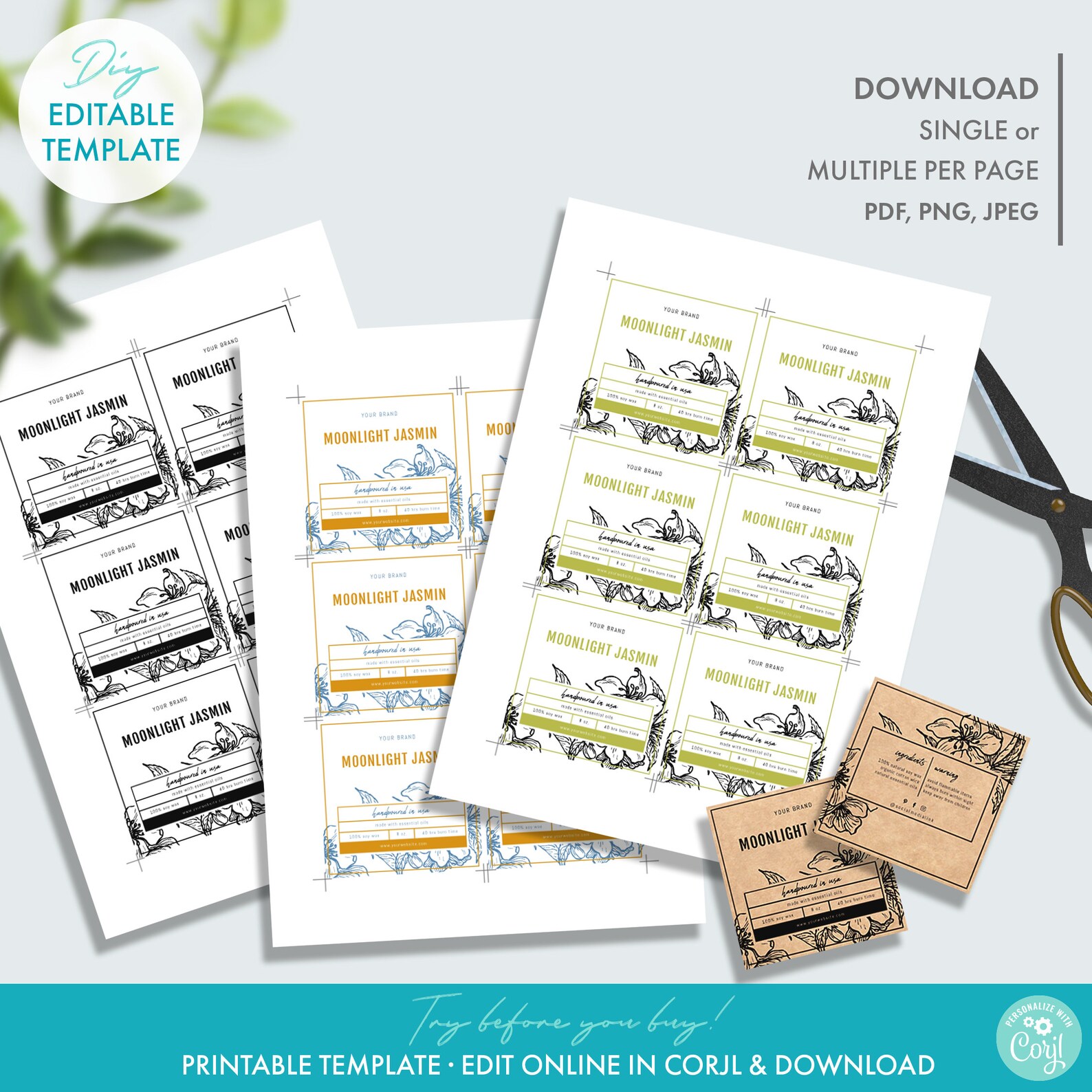Printable Botanical Square Candle Label Template 3 Sizes - Etsy