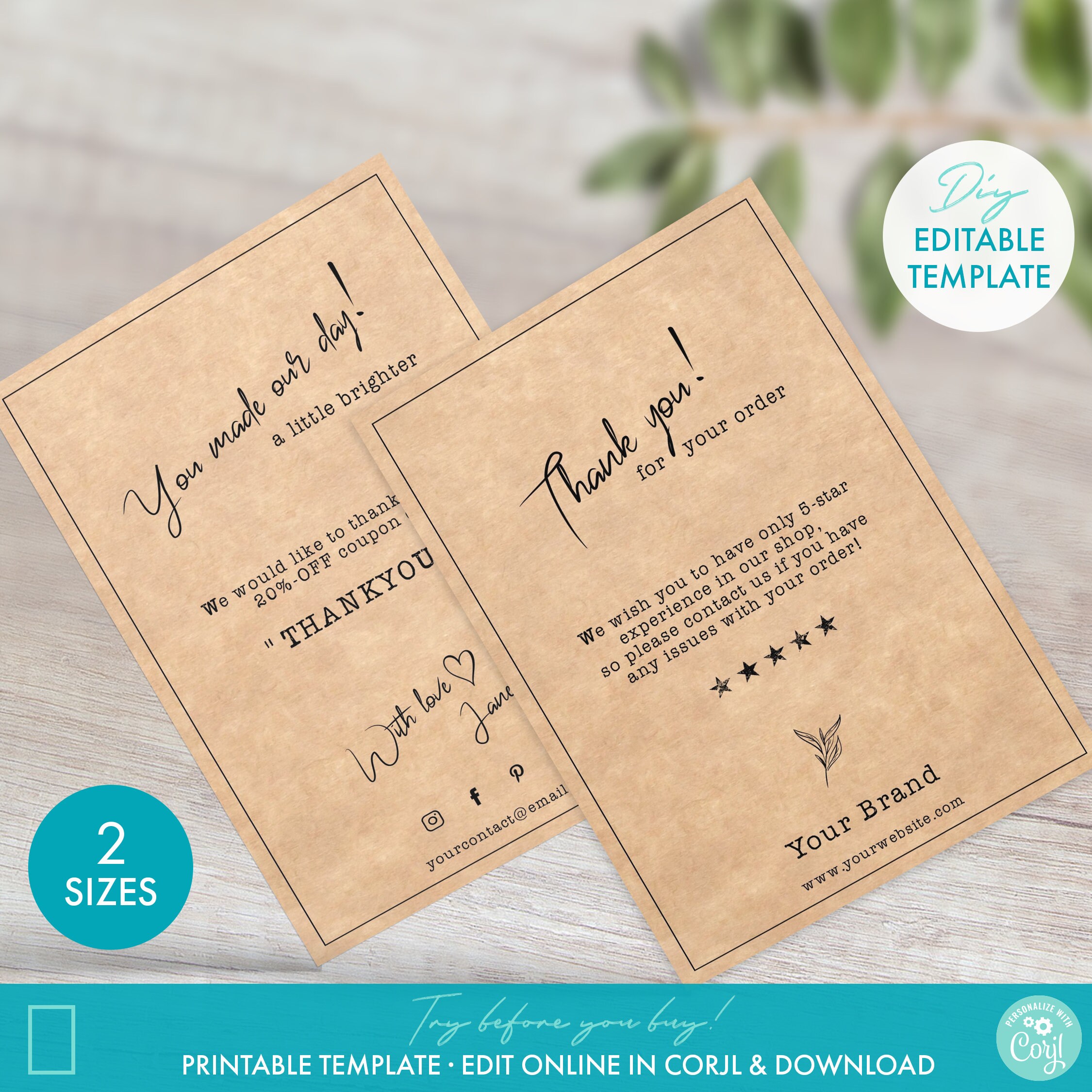 DIY Printable Order Insert Business Thank You Card Template | Etsy