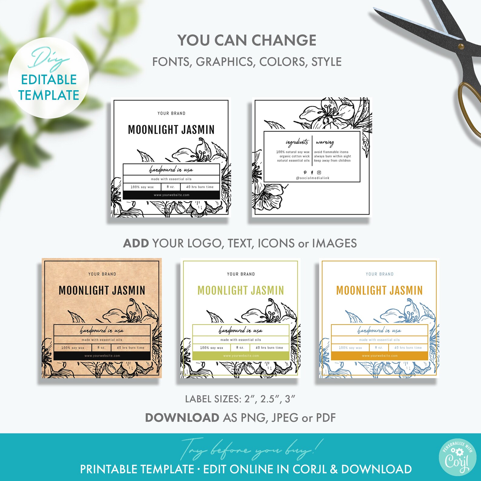 Printable Botanical Square Candle Label Template 3 Sizes - Etsy