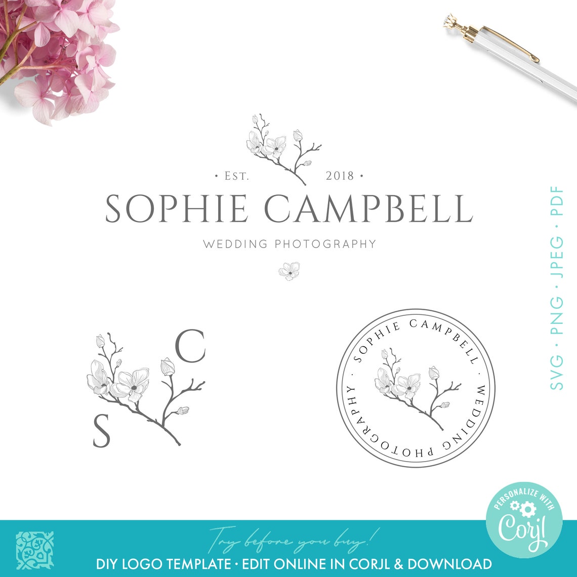 DIY Floral Logo Design Template Minimalist Wedding - Etsy