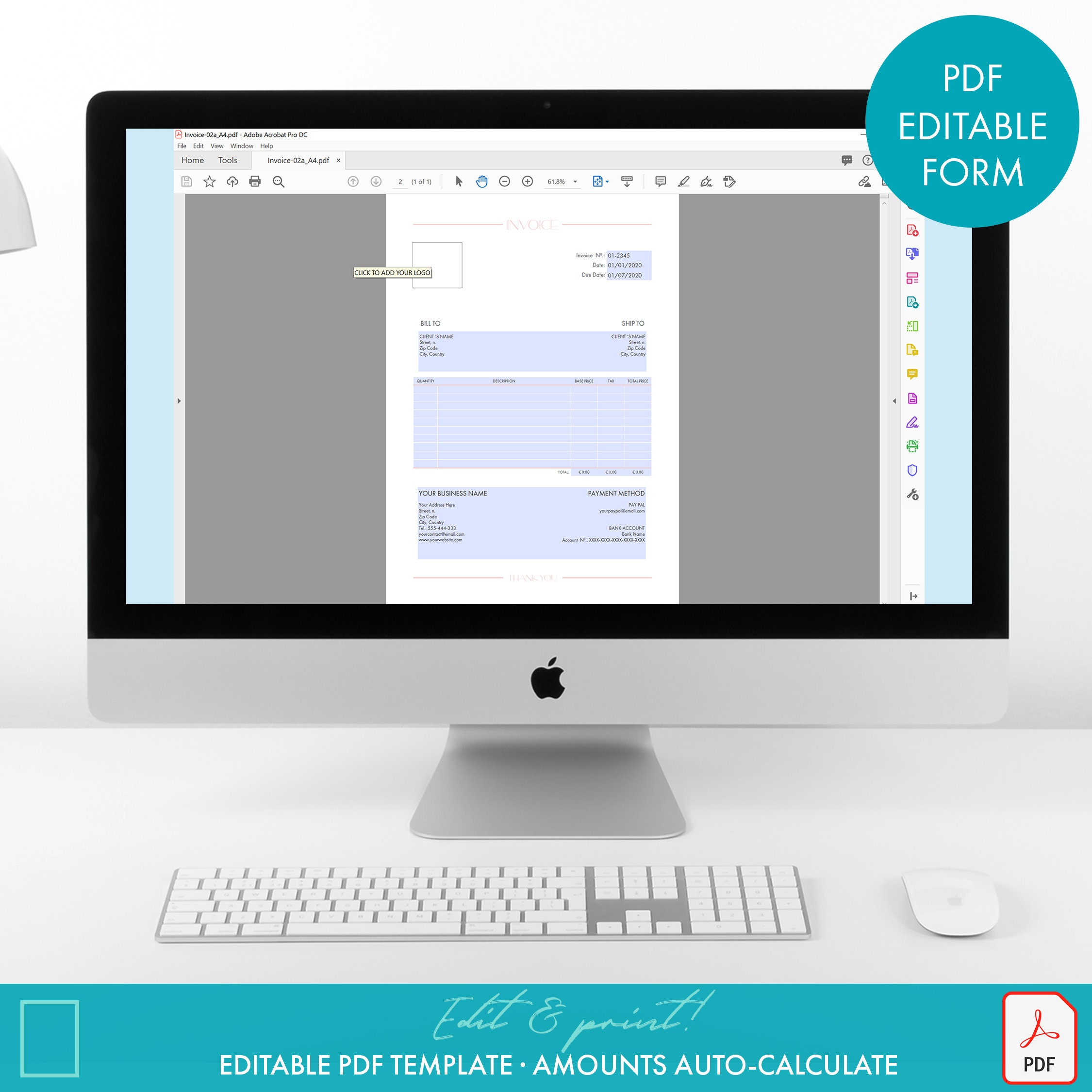 Printable Invoice Template PDF Download 2 Colors 2 | Etsy