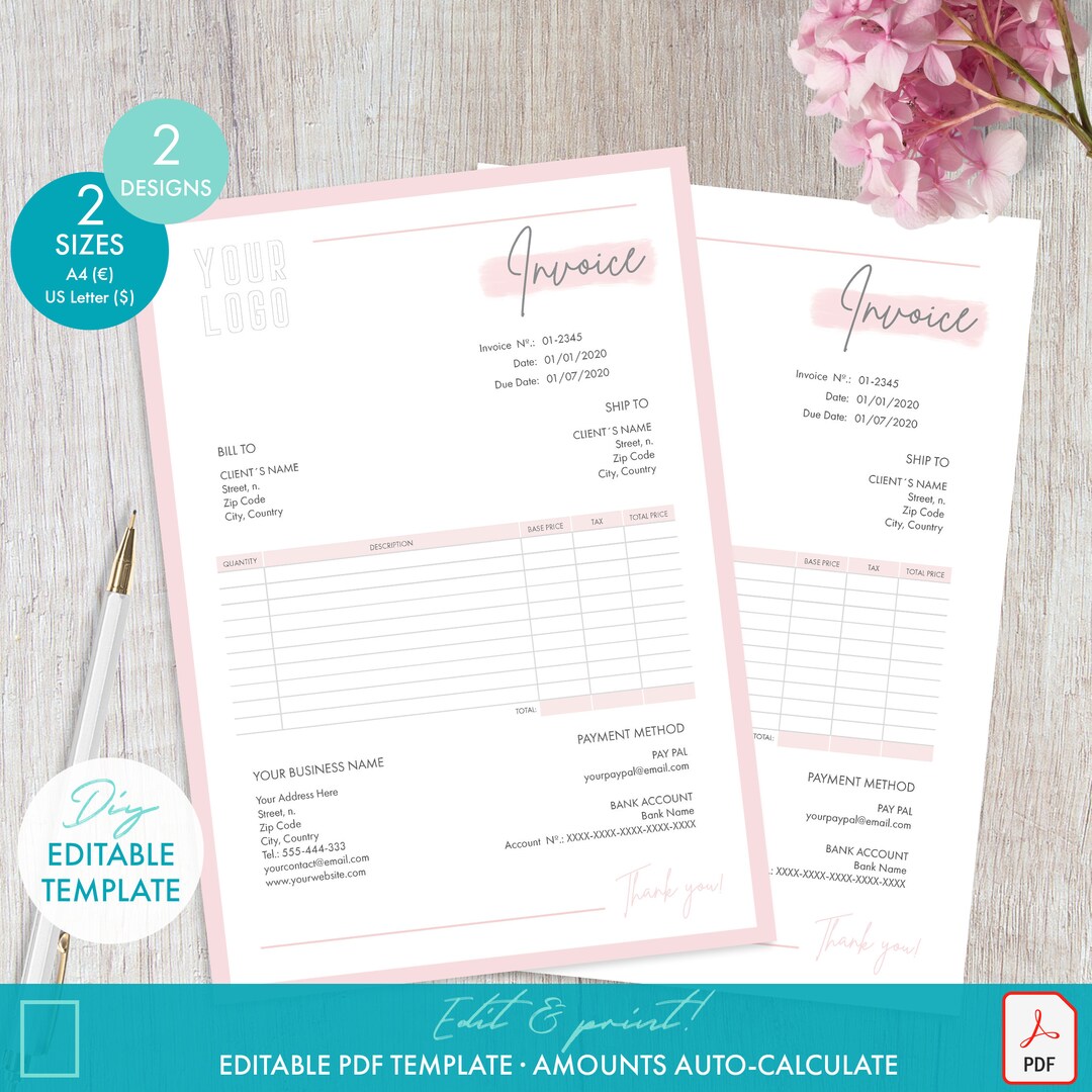 Editable Modern Invoice Template PDF Form (2 Colors!) W/ Auto ...