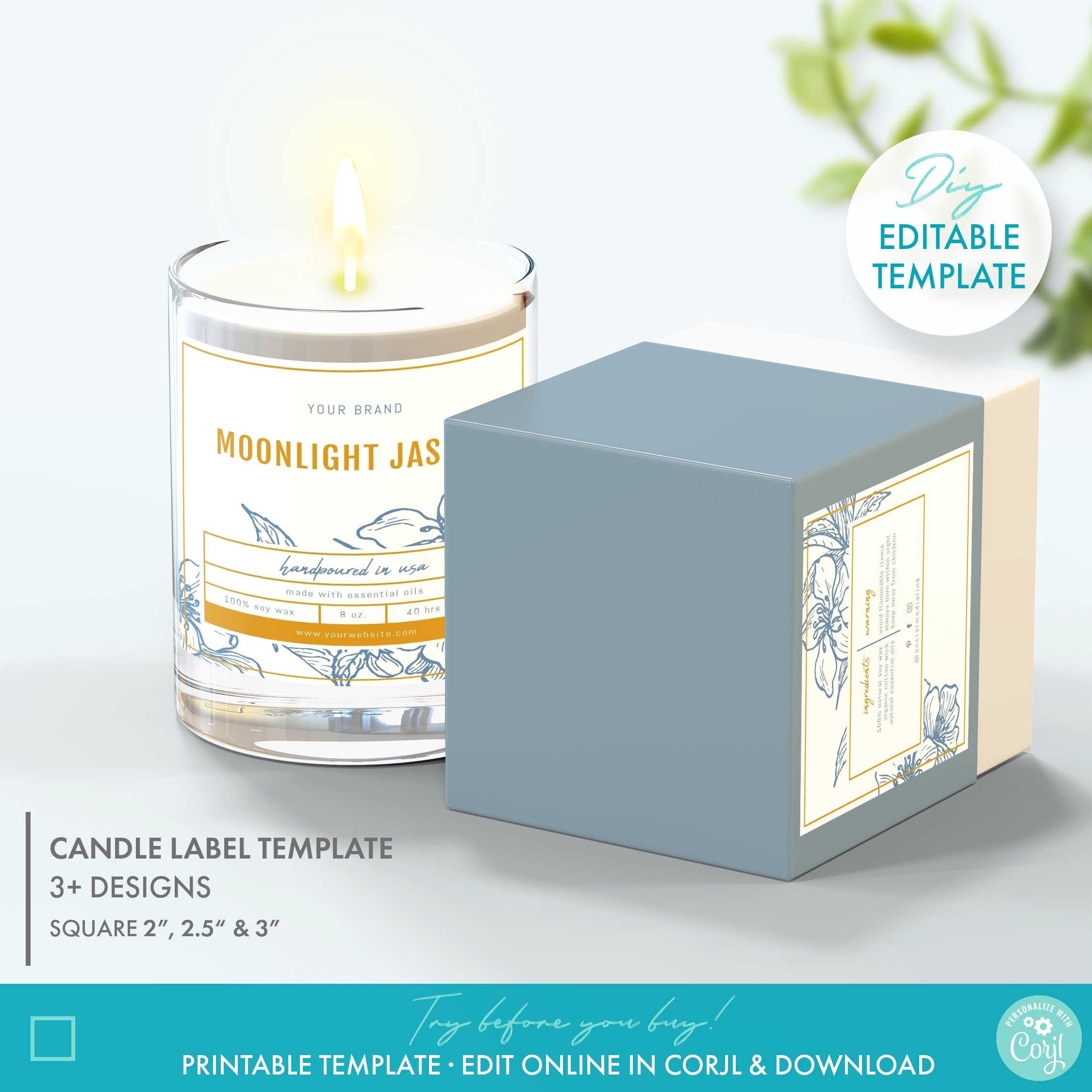 Printable Botanical Square Candle Label Template 3 Sizes - Etsy