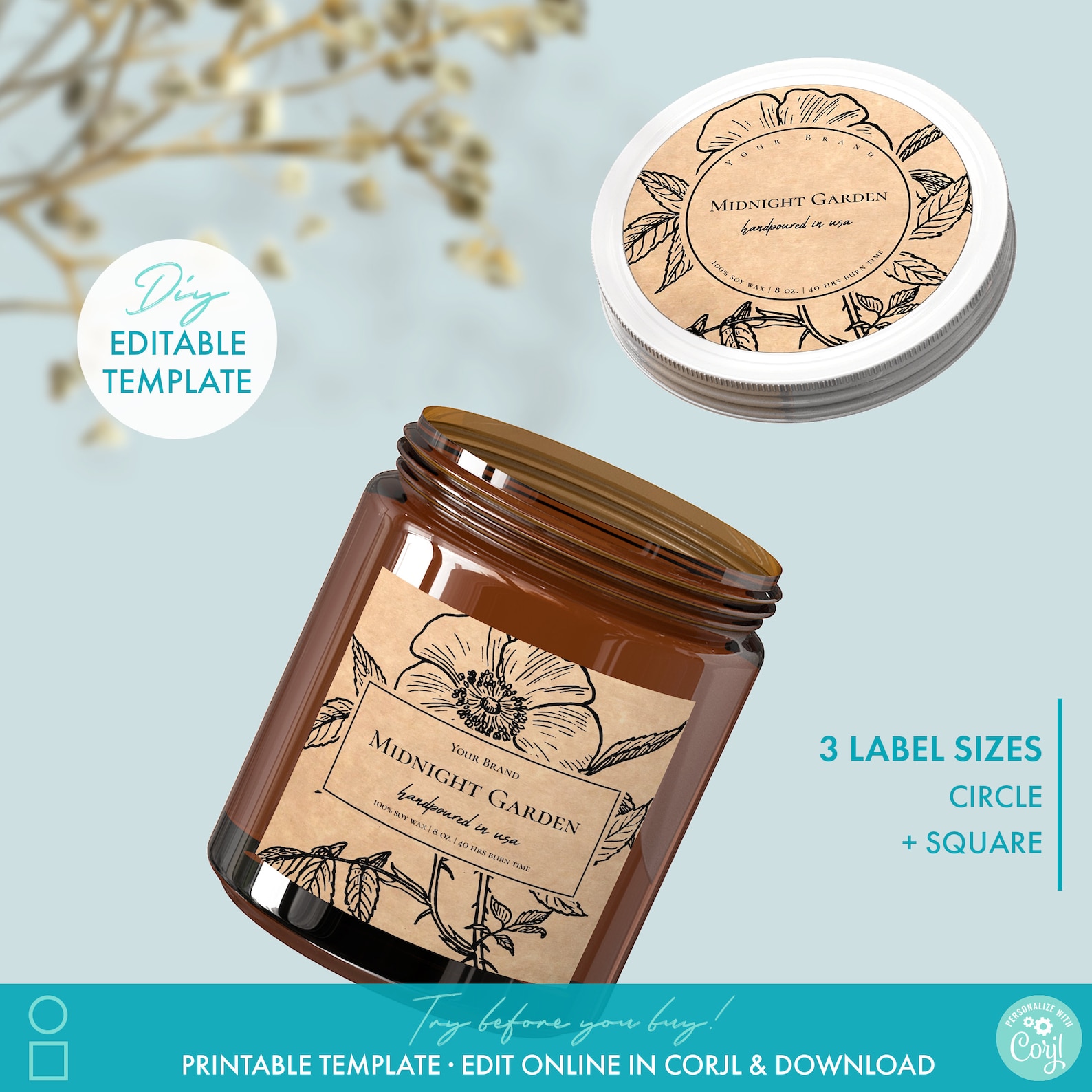 Botanical Candle Jar Label Square & Circle Template 3 Sizes | Etsy