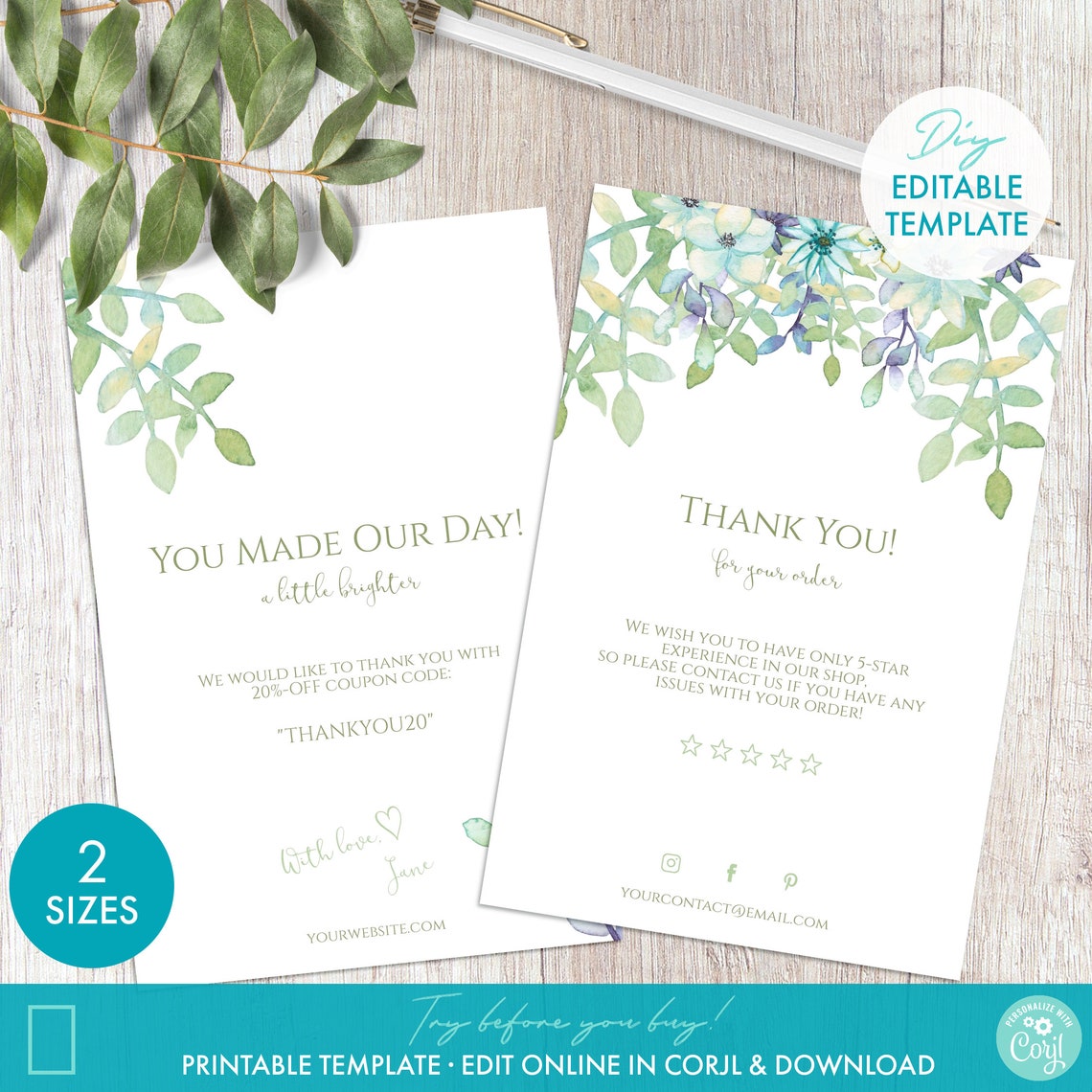 Editable Business Thank You Note Card Template 4 X - Etsy
