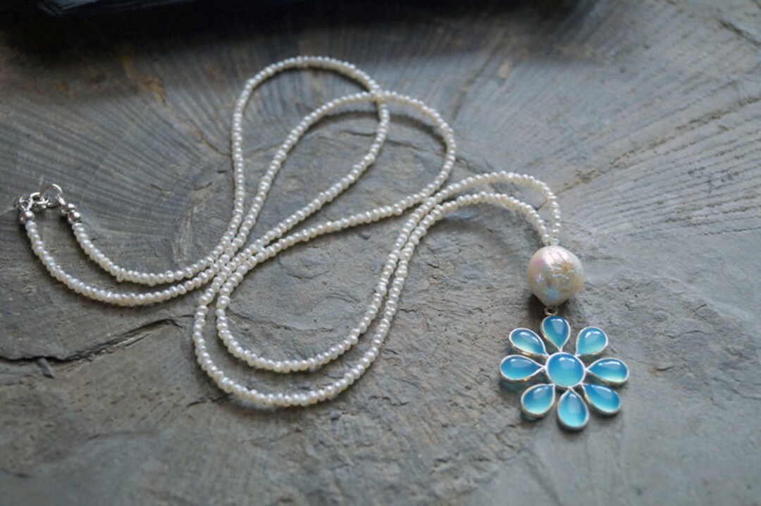 Bead Necklace Long With Kasumi Pearl and Aqua Chalcedony Flower 925 ...