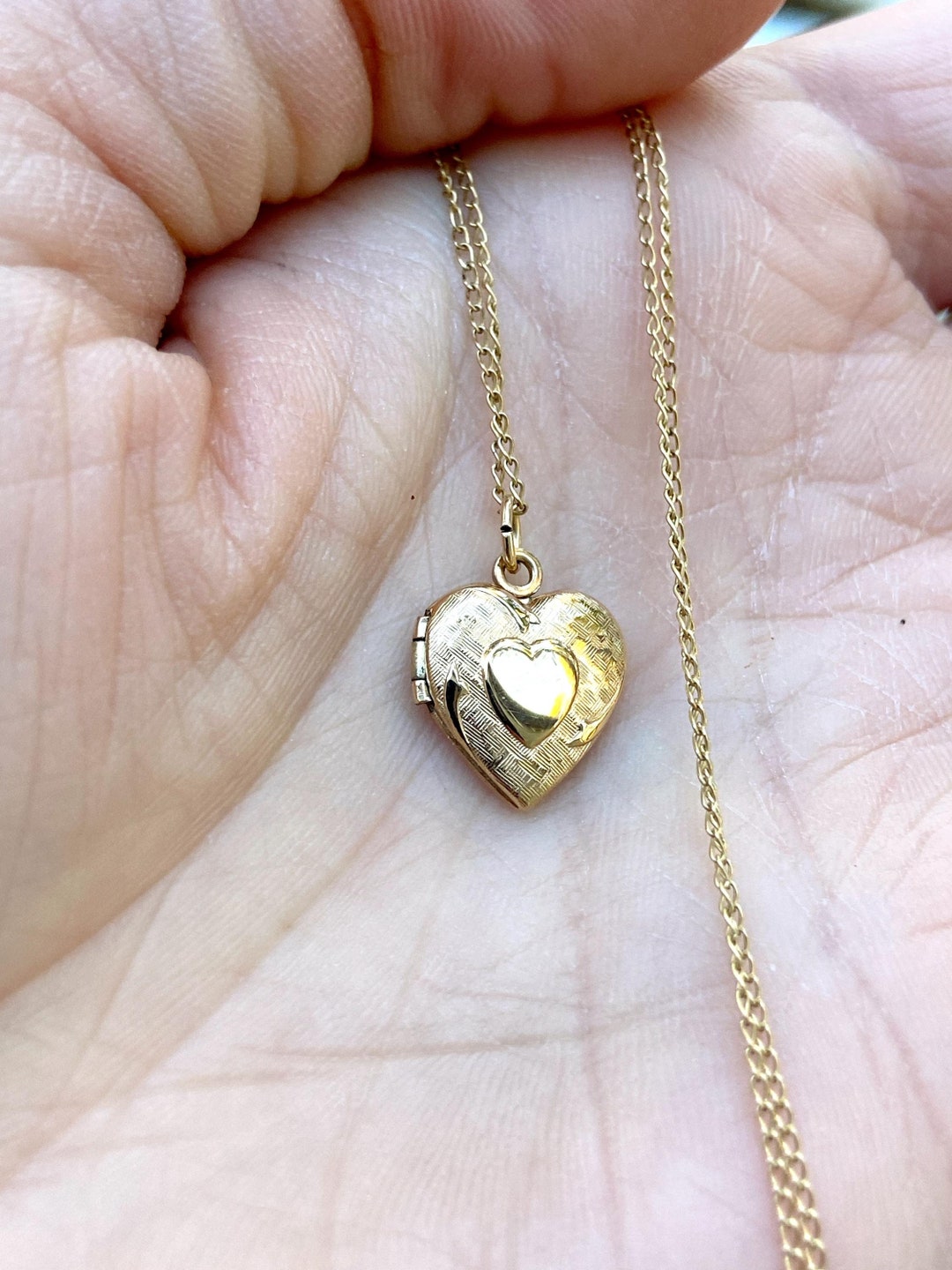 Vintage 14k Gold Filled Small Heart Locket Necklace, Etched Heart ...