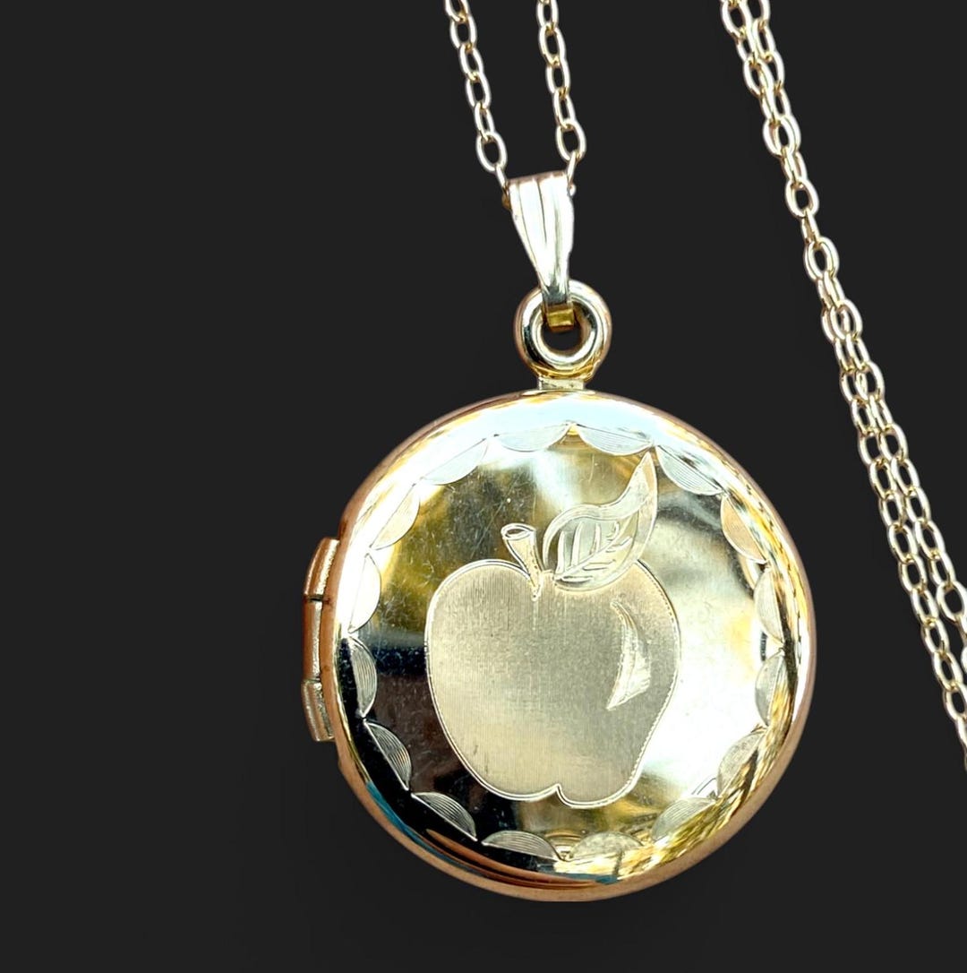 Vintage 14K Gold Filled Round Locket, Apple Design Keepsake Necklace ...