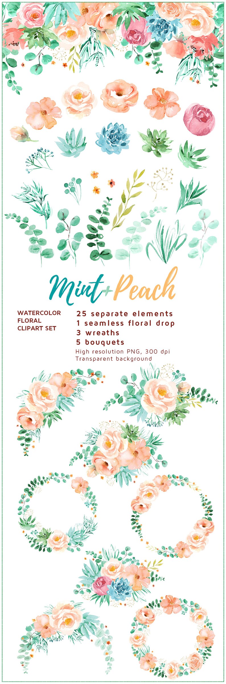 Peach Mint Floral Clipart Set Watercolor Flowers Clip Art | Etsy UK