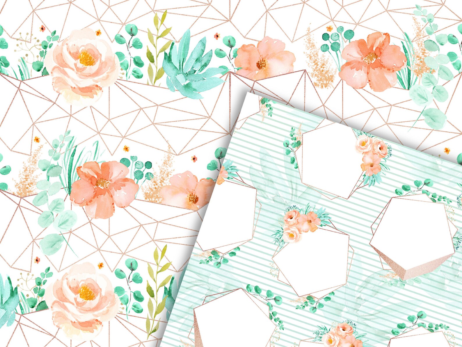 Watercolor Peach Mint Digital Paper Pack Flowers Seamless - Etsy