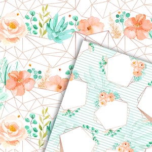Watercolor Peach Mint Digital Paper Pack Flowers Seamless Patterns ...