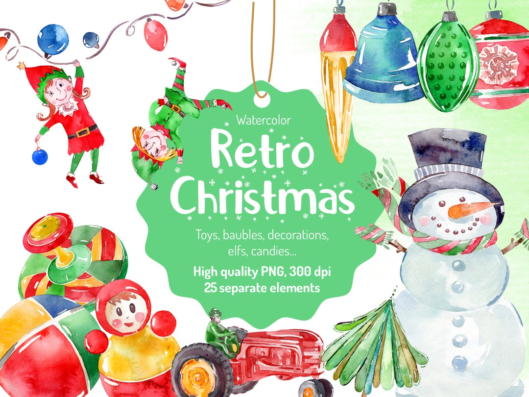 Watercolor Retro Christmas Clipart Set | Vintage Toys Clipart | Digital ...