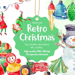 Watercolor Retro Christmas Clipart Set | Vintage Toys Clipart | Digital ...