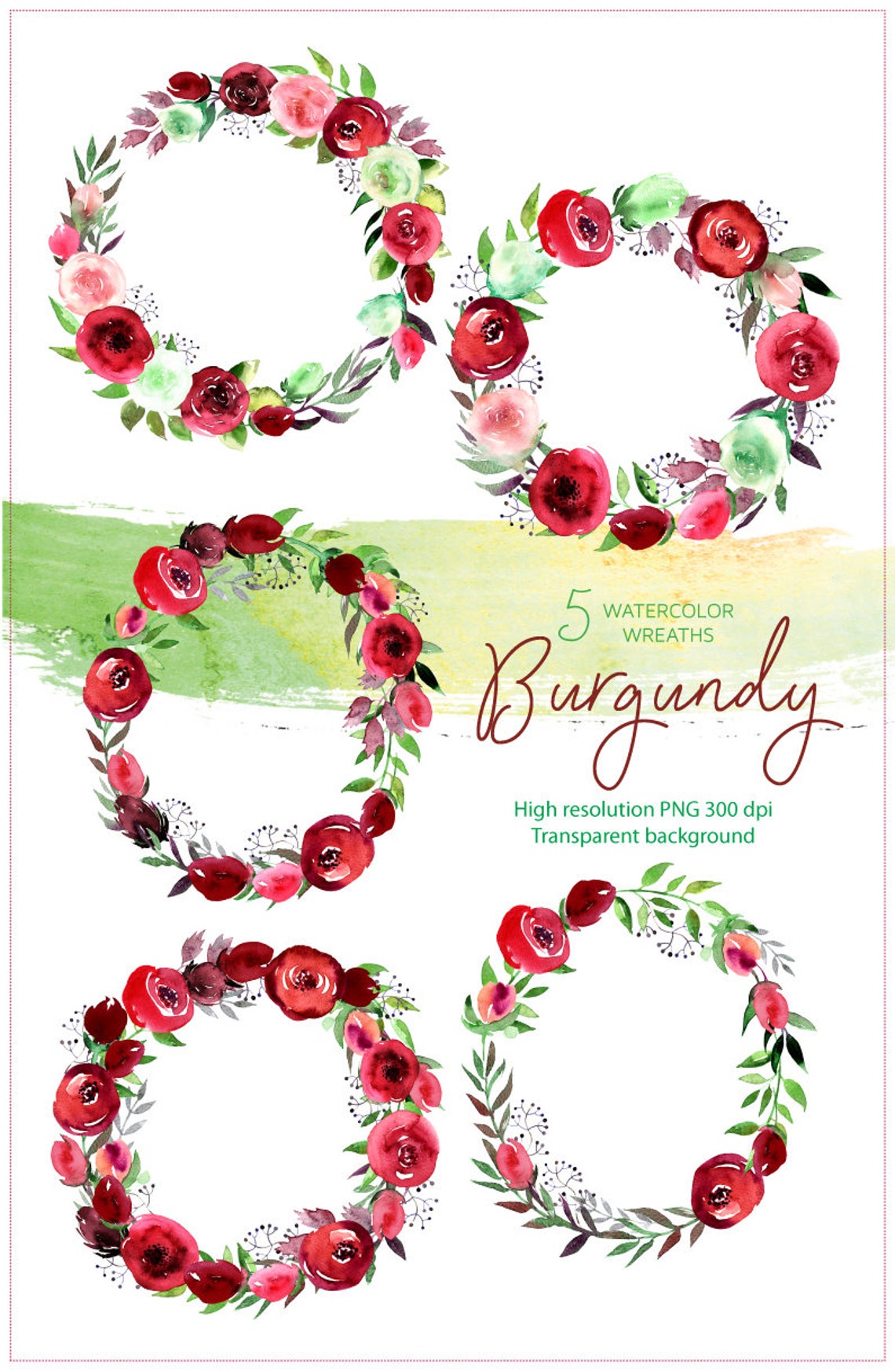 Watercolor Burgundy Wreath Clipart | Watercolour Bordo Roses Wreaths ...