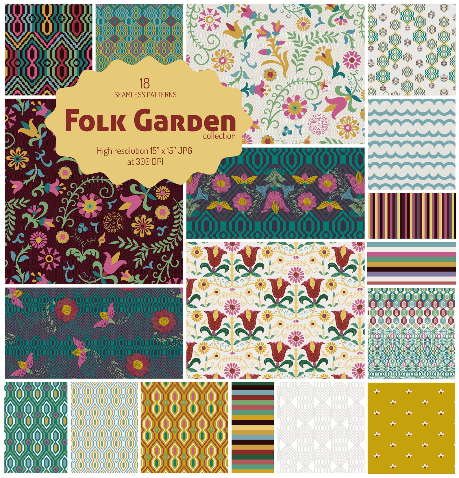 Folk Art Digital Papers Floral Garden Scrapbooking | Etsy