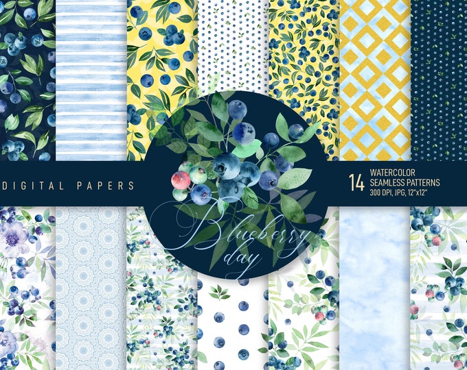 SEAMLESS Watercolor Blueberries Digital Paper Pack | Blueberry and ...