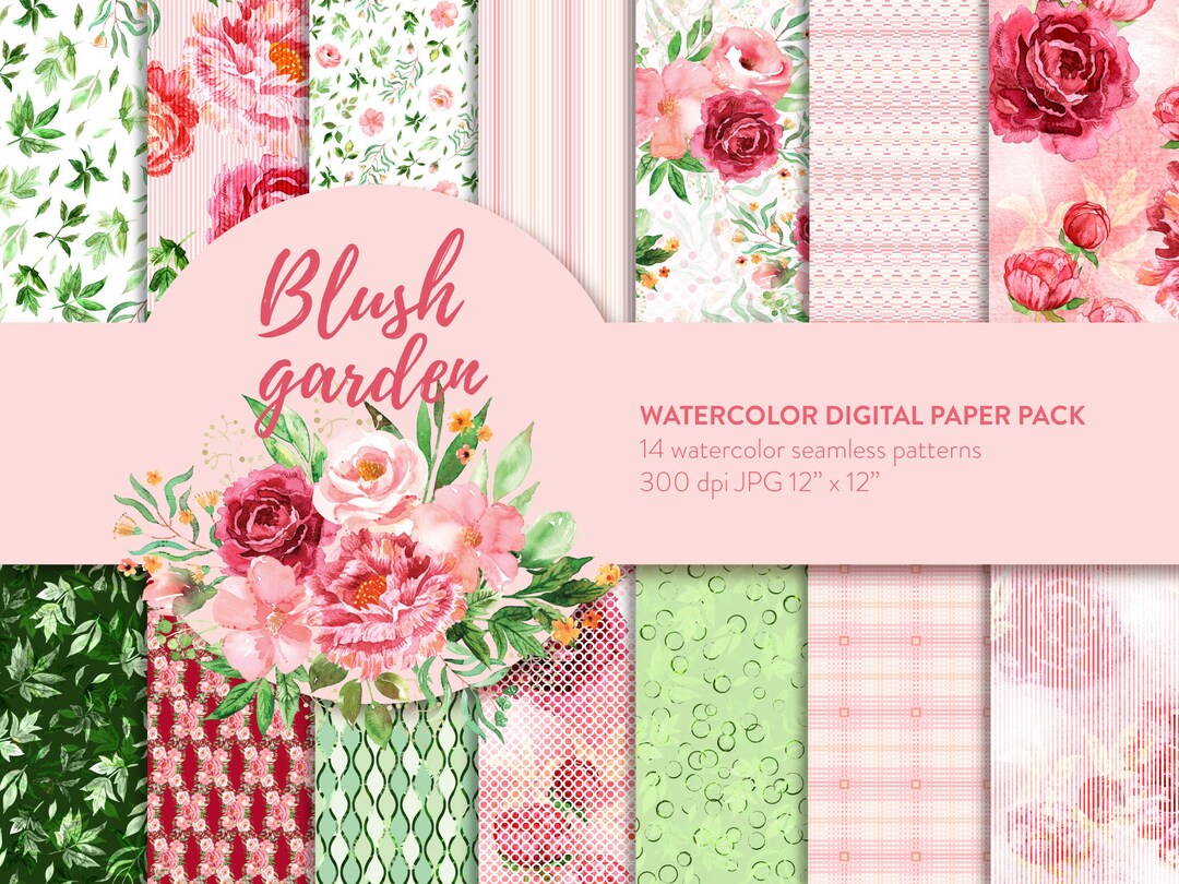 Watercolor Blush Garden Digital Paper Pack | Flowers Seamless Pattern ...