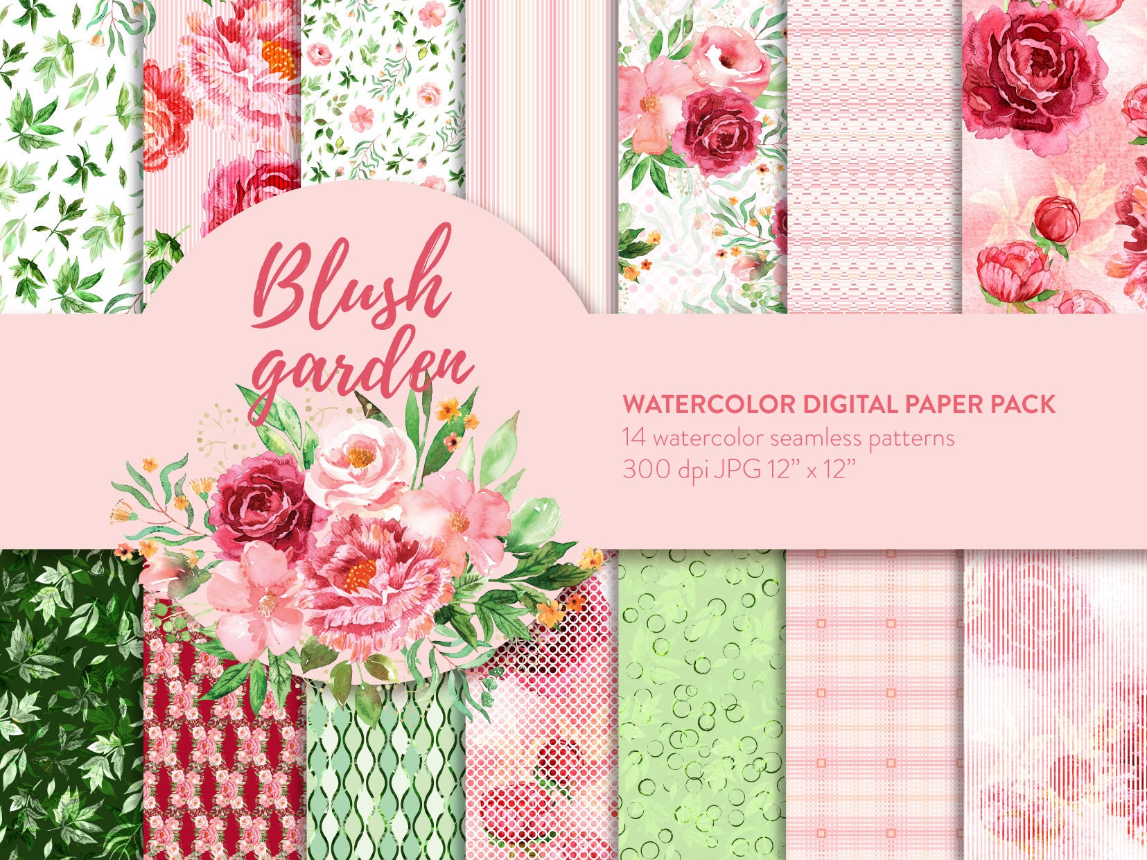 Watercolor Blush Garden Digital Paper Pack Flowers Seamless | Etsy