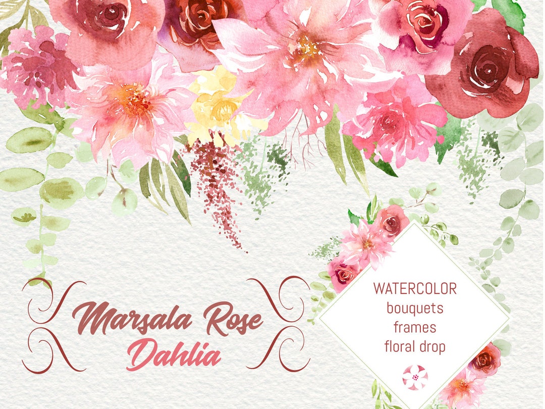 Watercolor Marsala Rose Dahlia Bouquets | Frames | Floral Drop ...