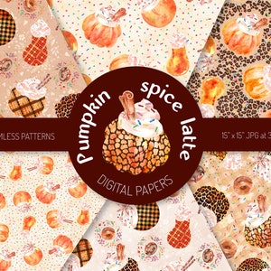 SEAMLESS Watercolor Pumpkin Spice Latte and Leopard Print Digital Paper ...