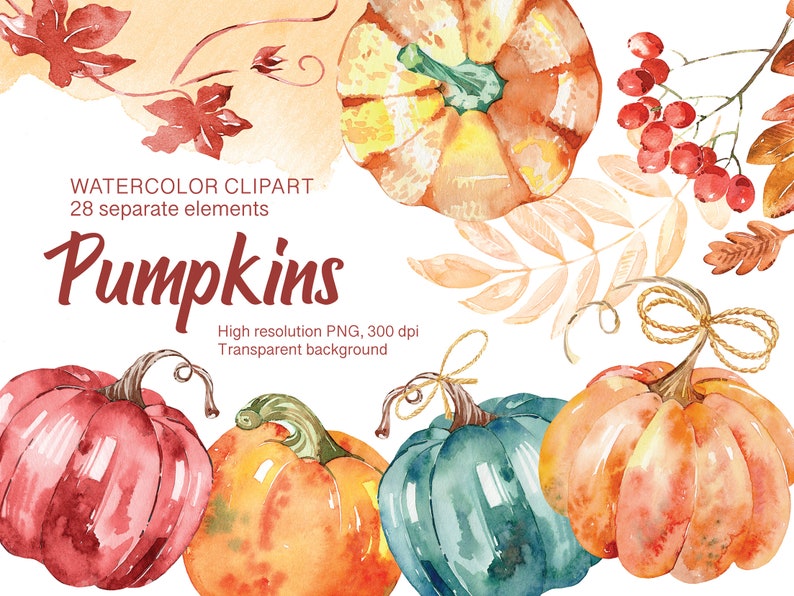 Watercolor Pumpkin Clipart Set Autumn Clip Art Hand - Etsy