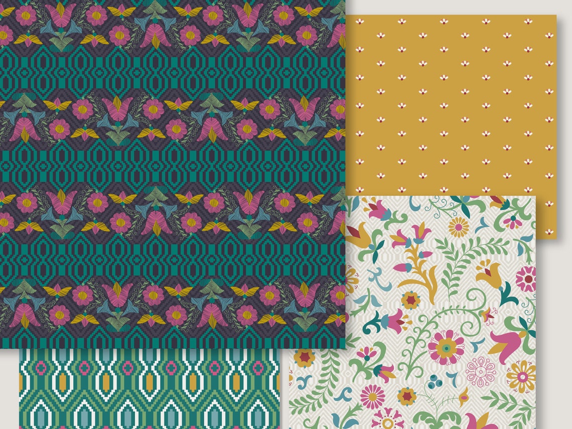 Folk Art Digital Papers | Floral Garden Scrapbooking | Seamless Pattern ...