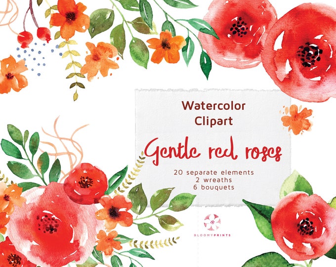 Watercolor Gentle Red Roses Clip Art Set Watercolour Flowers - Etsy
