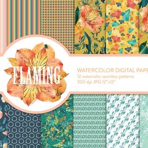Watercolor Orange Flowers Digital Paper Pack | Bright Floral Seamless ...
