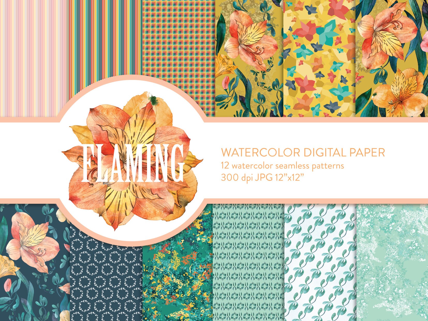 Watercolor Orange Flowers Digital Paper Pack Bright Floral - Etsy