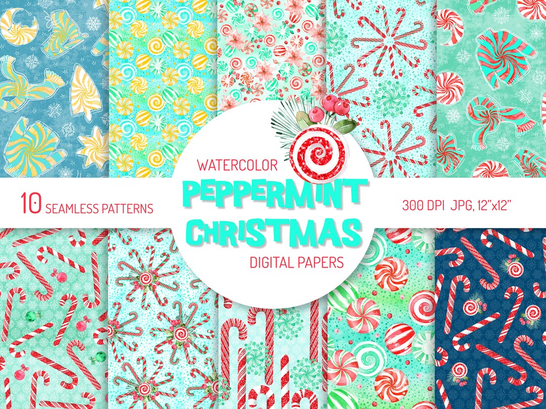 Watercolor Peppermint Candy Cane Digital Paper Pack | Christmas Candy ...