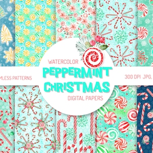 Watercolor Peppermint Candy Cane Digital Paper Pack | Christmas Candy ...