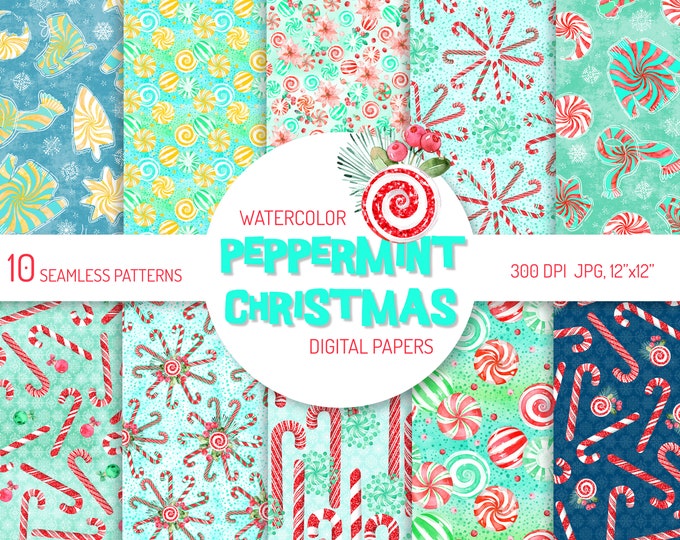 Watercolor Peppermint Candy Cane Digital Paper Pack | Christmas Candy ...