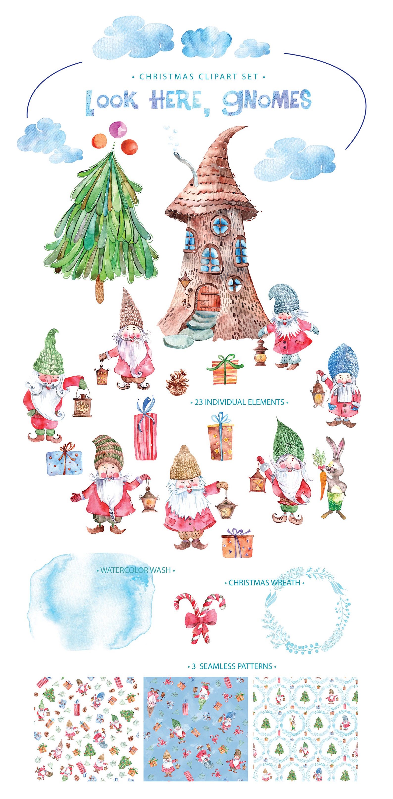 Watercolor Christmas Clipart Set Gnomes Clipart Digital | Etsy