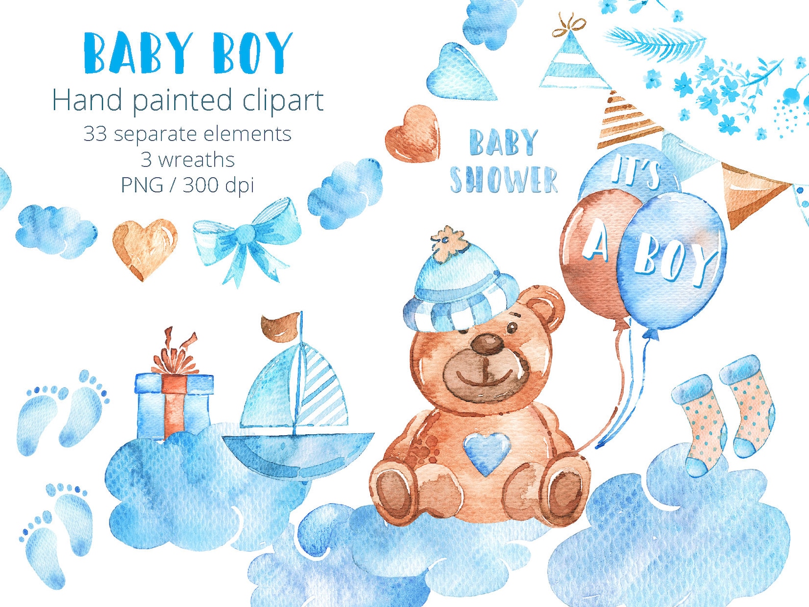 Baby Boy Clipart Set Watercolor New Baby Clip Art Hand Drawn | Etsy