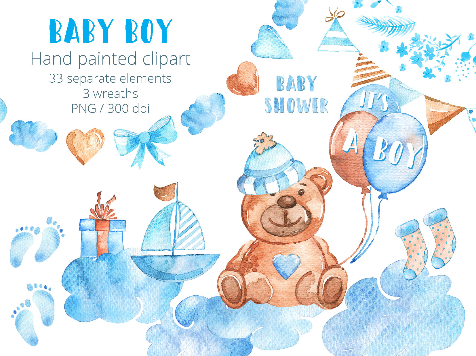 Baby Boy Clipart Set Watercolor New Baby Clip Art Hand Drawn Baby ...
